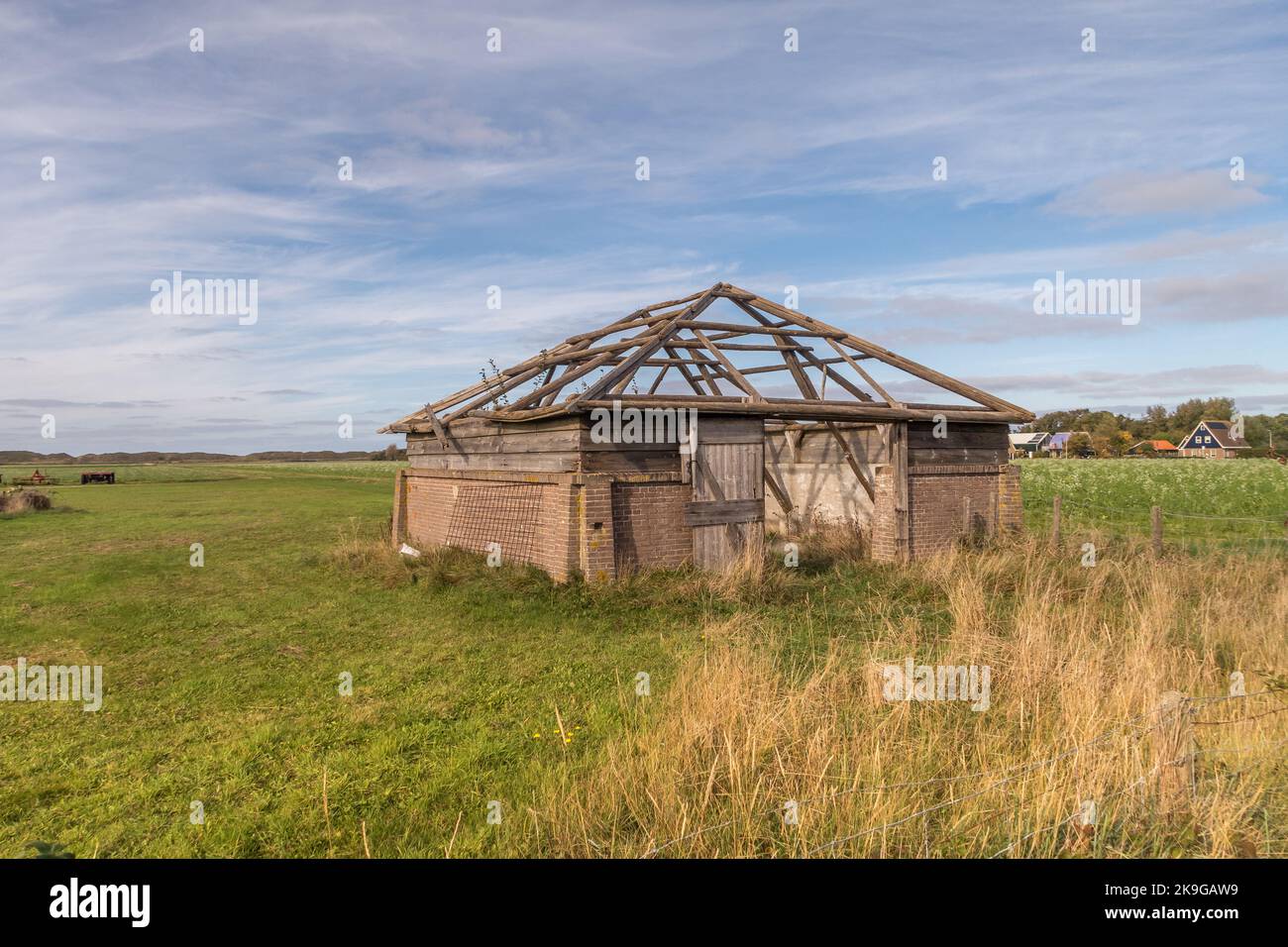 Texel, Netherlands. October 2022,. An old, half collapsed barn on Texel ...