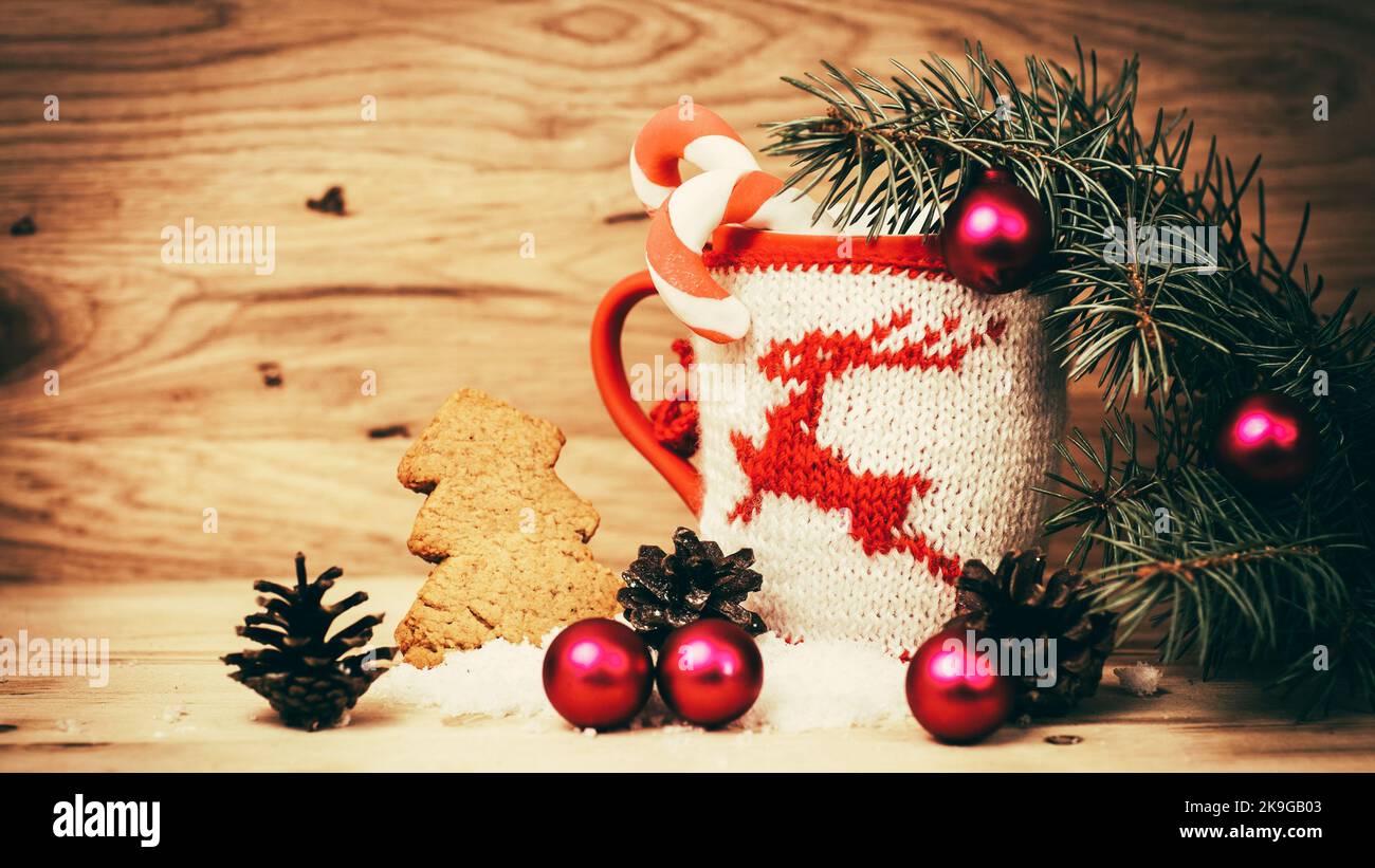 Christmas mug on wooden background. photo with copy space Stock Photo ...