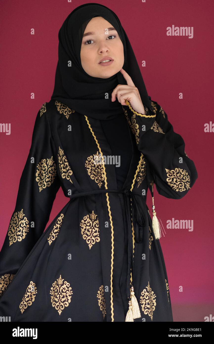 beautiful muslim woman in fashinable dress with hijab isolated on ...