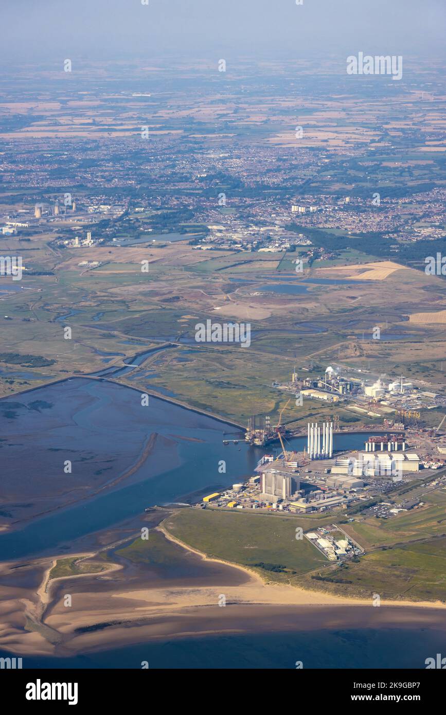 A vertical drone shot of the Hartlepool power station next to the Tees ...