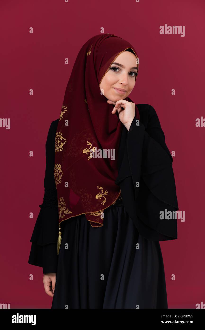 beautiful muslim woman in fashinable dress with hijab isolated on ...