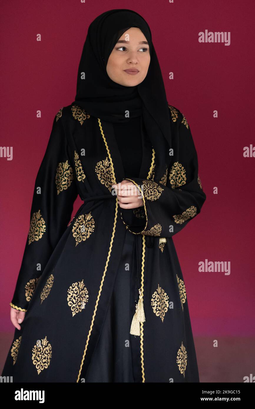 beautiful muslim woman in fashinable dress with hijab isolated on ...