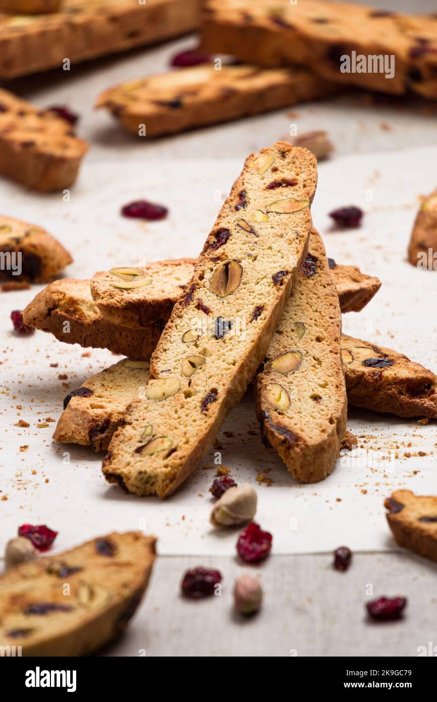 Homemade crunchy biscotti cookie stack with cranberry and pistachio ...