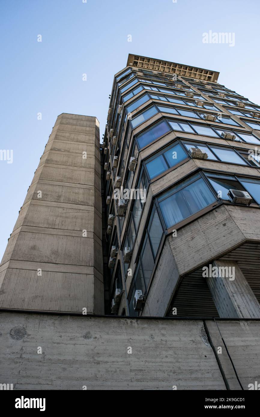 A high rise modern tower building in the city of Skopje, capital of ...