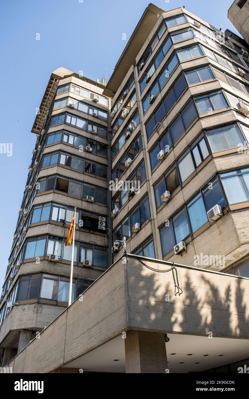 A high rise modern tower building in the city of Skopje, capital of ...
