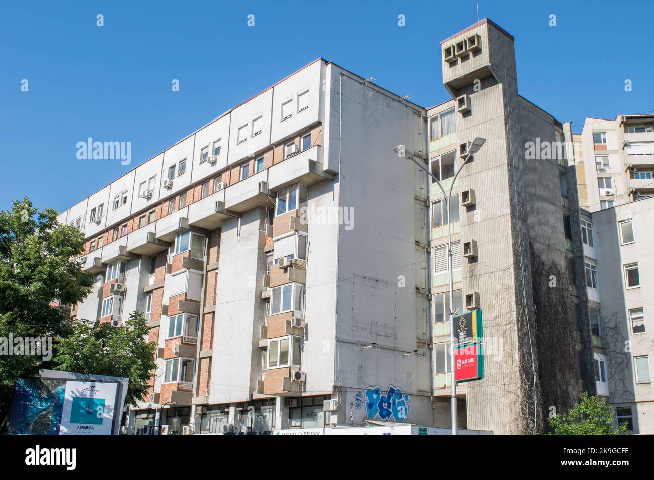 A high rise modern tower building in the city of Skopje, capital of ...