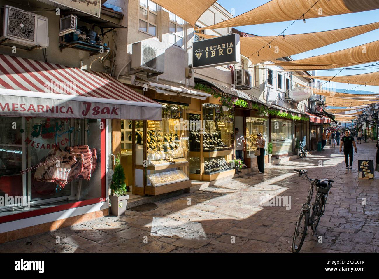 Shops and streets in the Old Bazaar section of Skopje, North Macedonia ...
