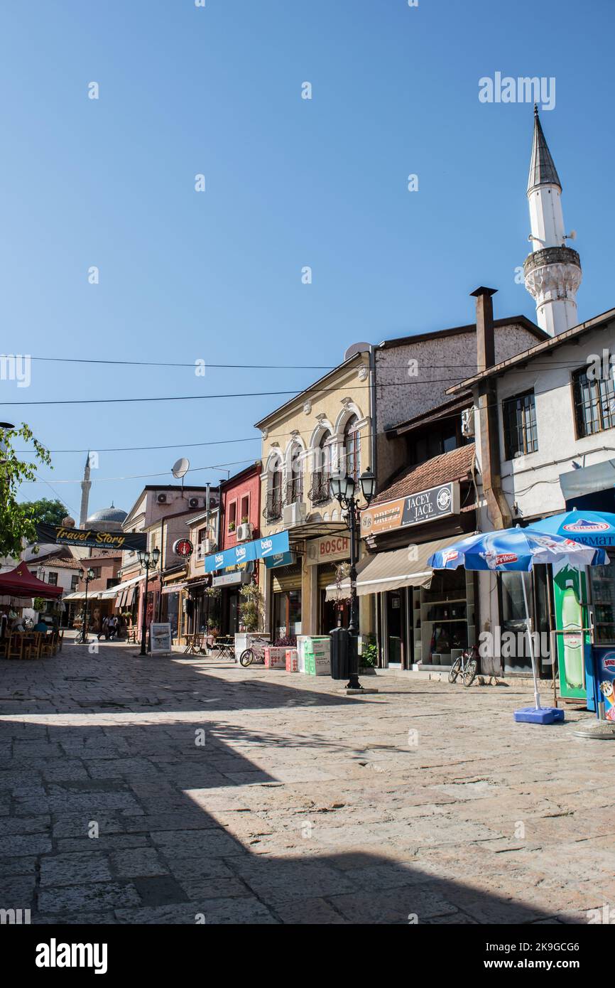 Shops and streets in the Old Bazaar section of Skopje, North Macedonia ...