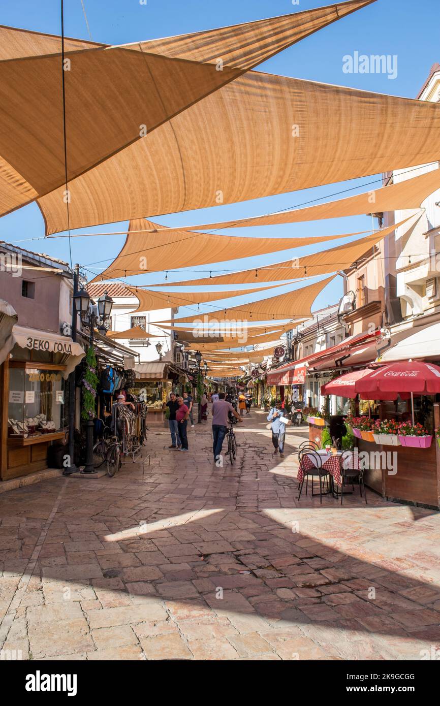Shops and streets in the Old Bazaar section of Skopje, North Macedonia ...