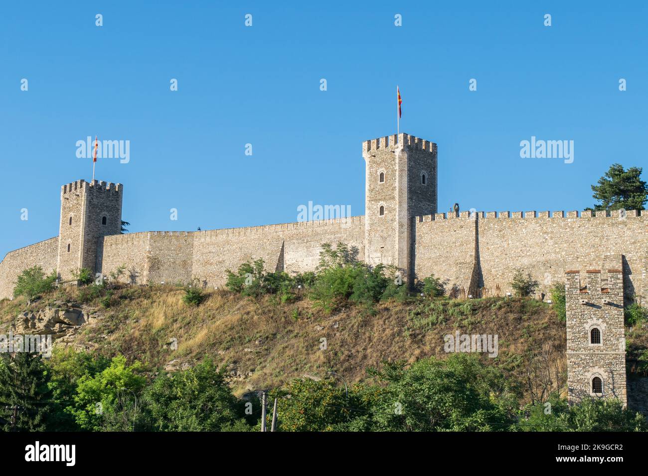 The defensive walls and towers along Kale Fortress or Skopje Fortress ...