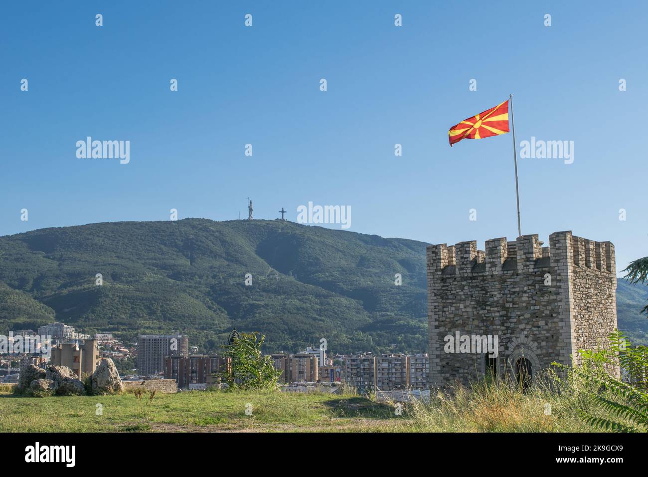 The defensive walls and towers along Kale Fortress or Skopje Fortress ...