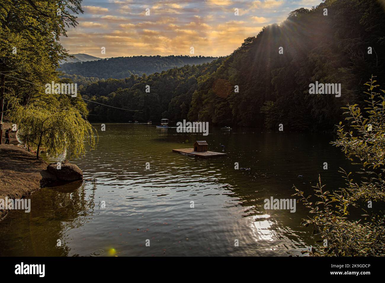A landscape view with the lake Parz and Dilijan national park at sunset ...
