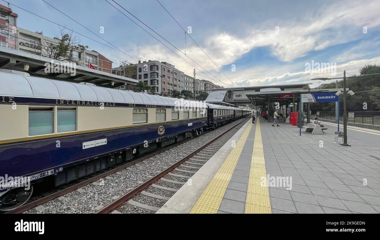 A view of a train station with Venice Simplon Orient Express train on ...