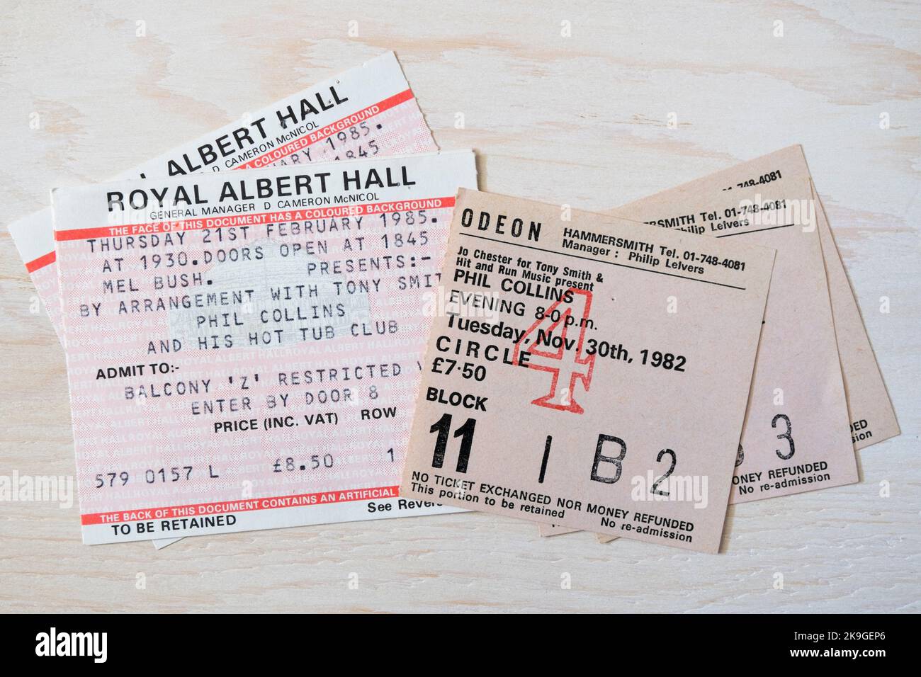 Ticket stubs for Phil Collins concerts at Hammersmith Odeon in 1982 & The Royal Albert Hall in ...