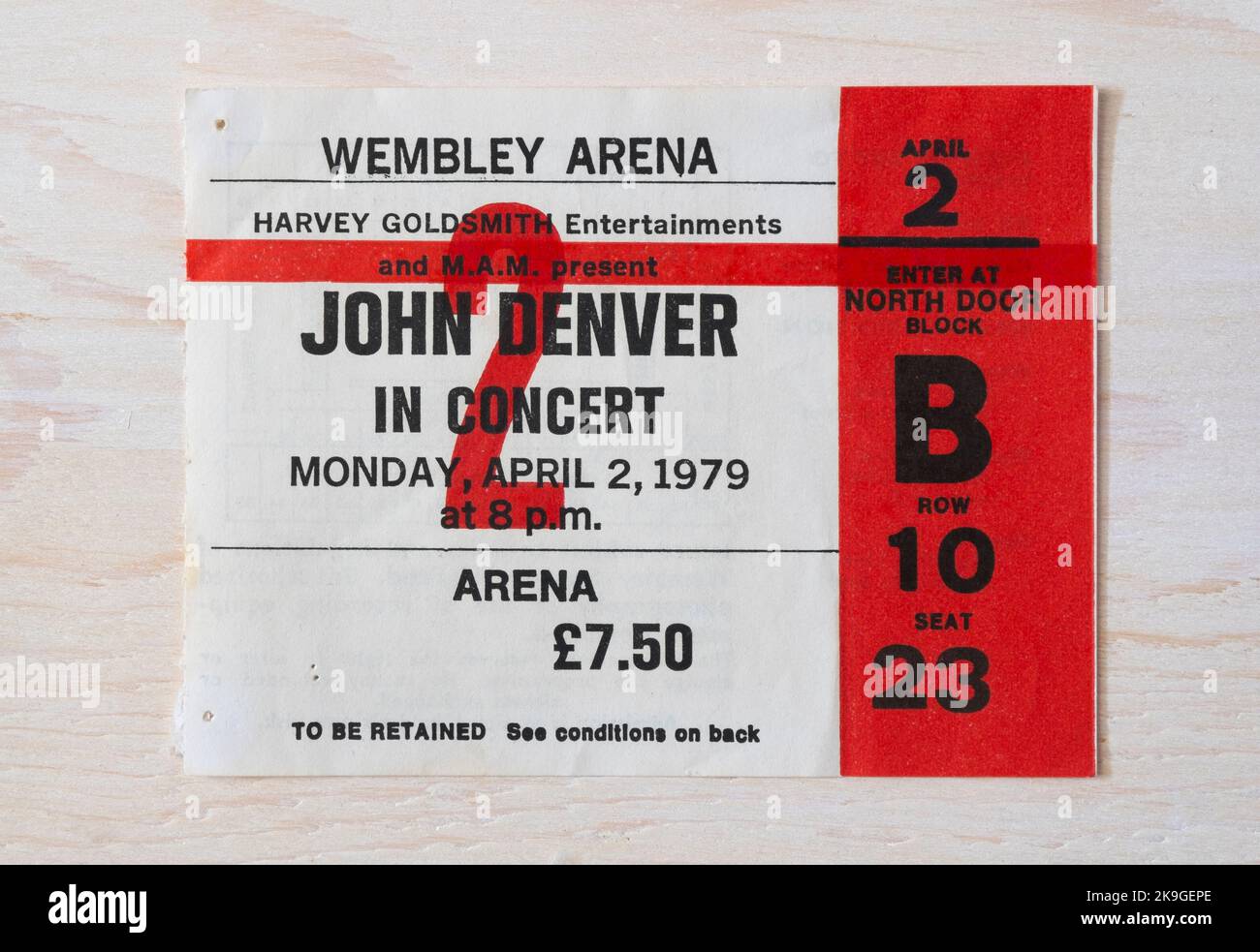 Ticket stub for a John Denver concert 2nd April 1979 at Wembley Arena ...
