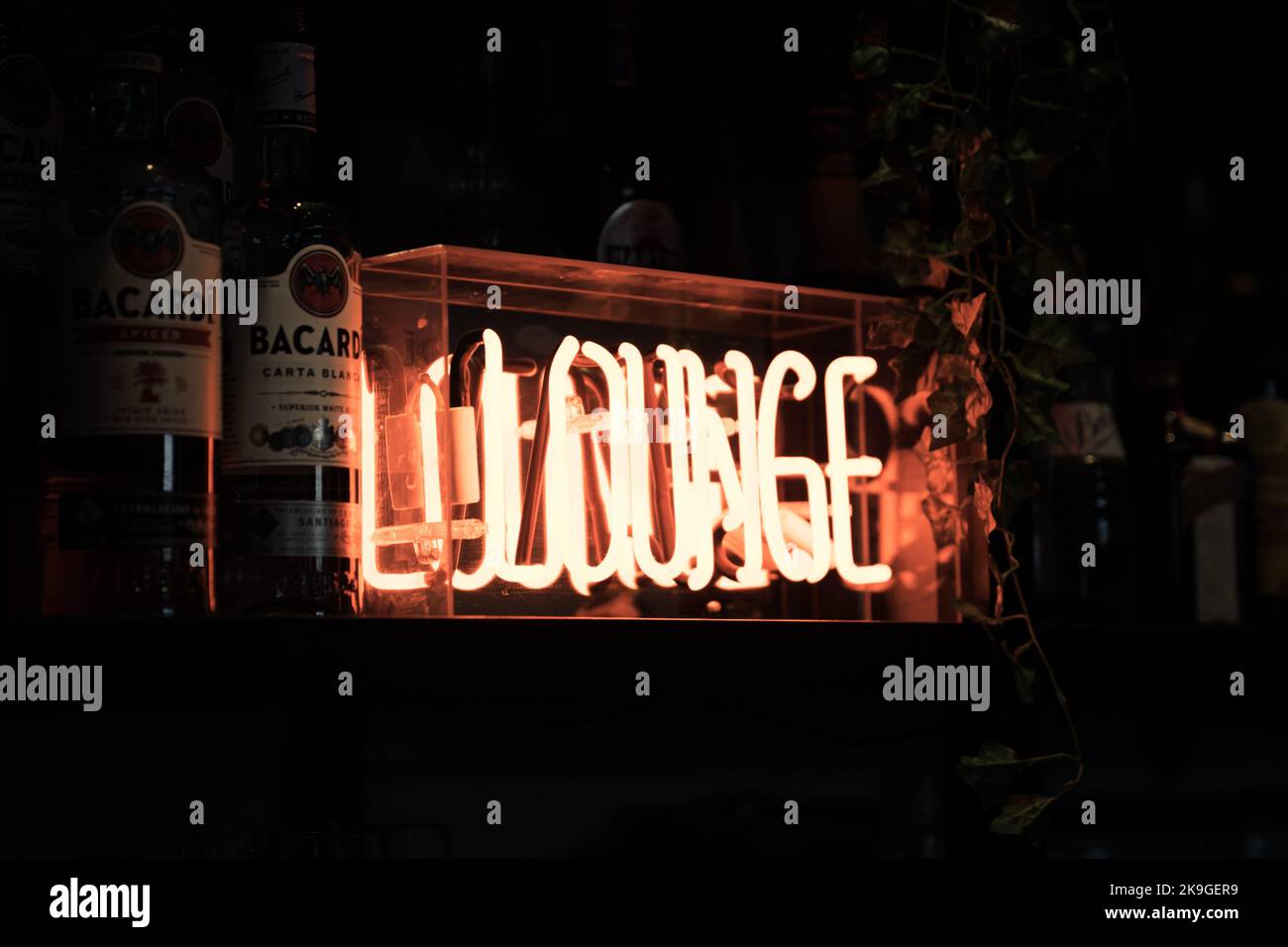 An orange light sign that shows the word "Lounge" with bottles of ...