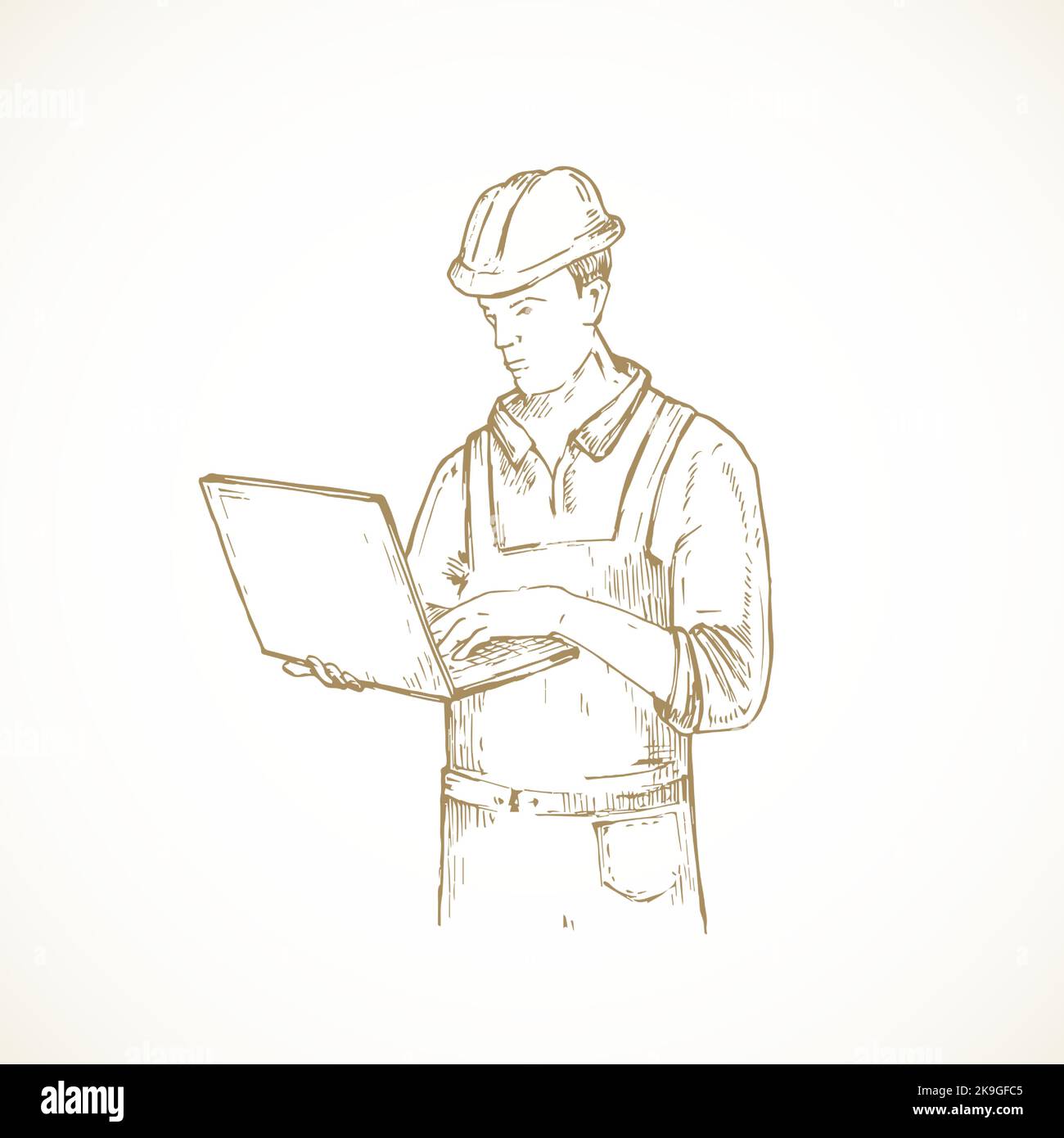 Hand Drawn Engineer in a Helmet Vector Illustration. Worker with Laptop ...