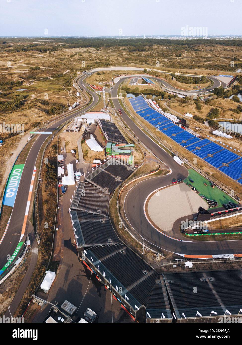 A vertical aerial shot of Zandvoort Formula 1 Circuit in preparation ...