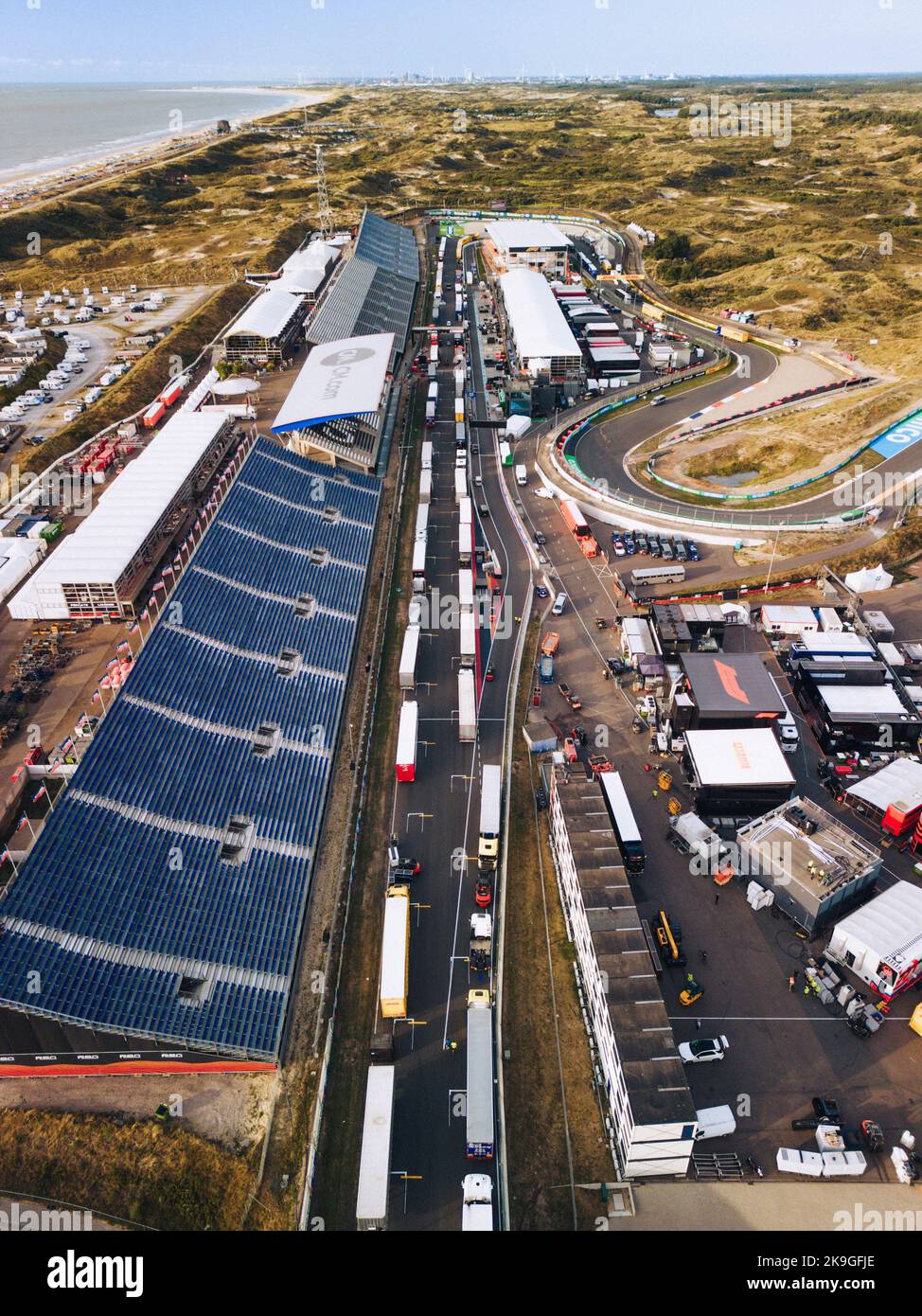 A vertical aerial shot of Zandvoort Formula 1 Circuit in preparation ...