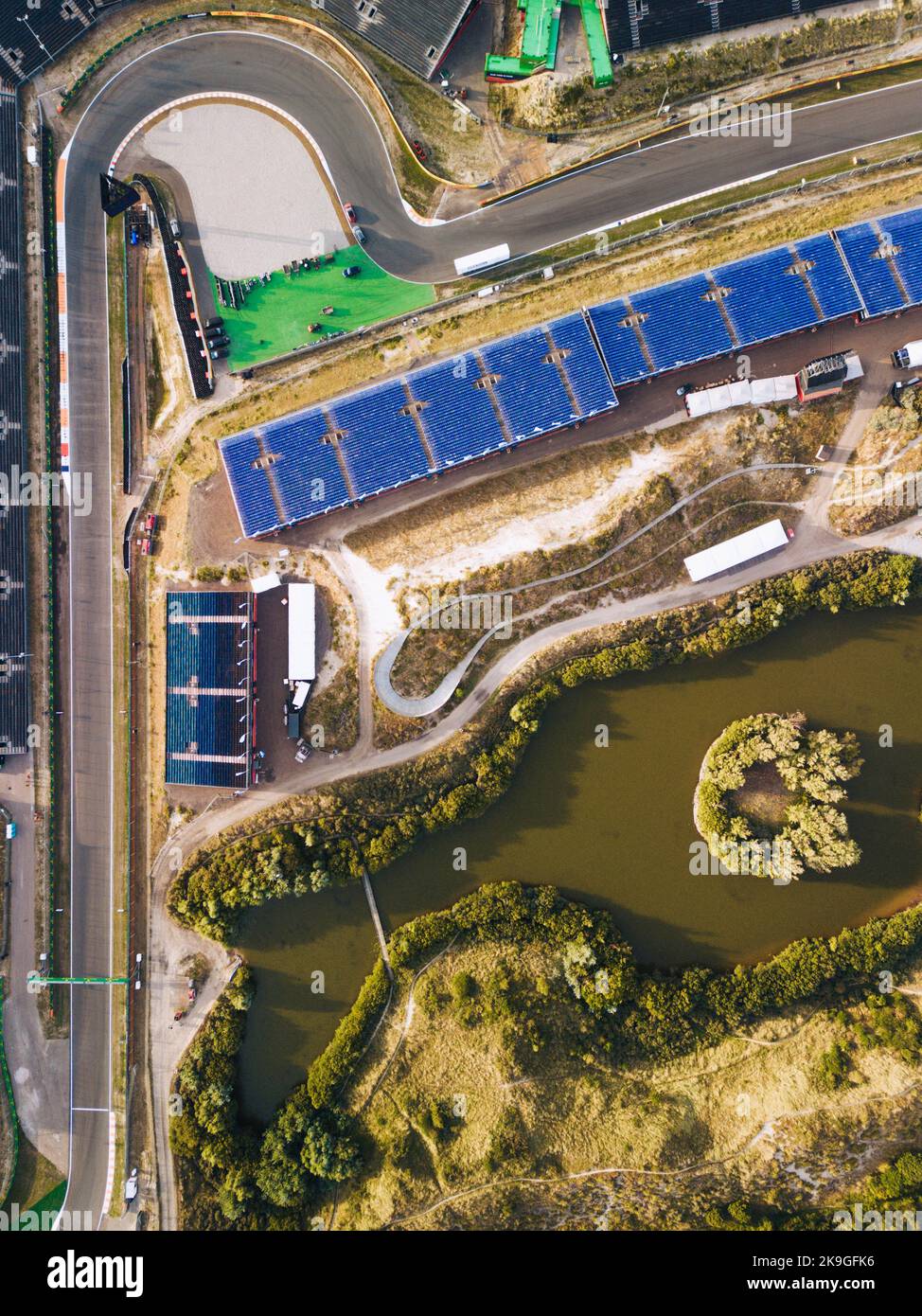 A vertical aerial shot of Zandvoort Formula 1 Circuit in preparation ...