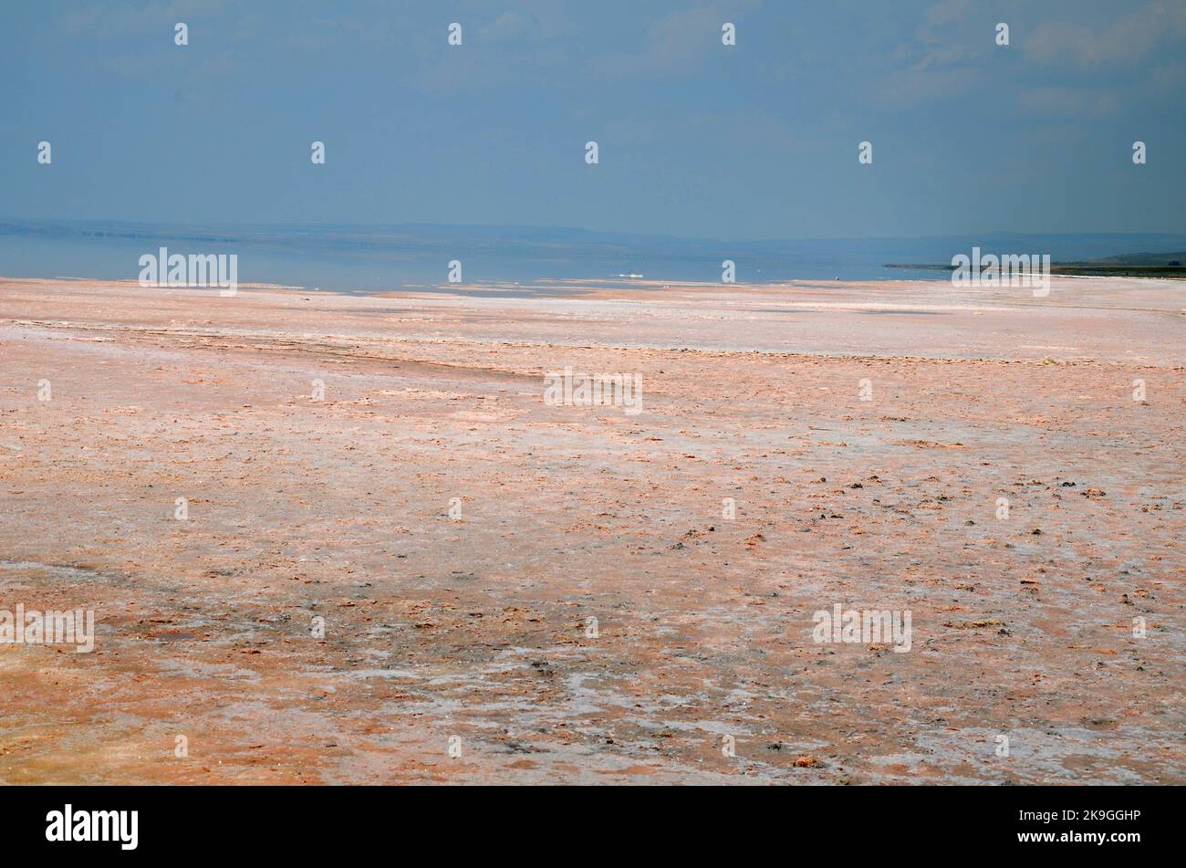 pink colouring of the shallow water of "Tuz Gölü" salt lake turkey ...