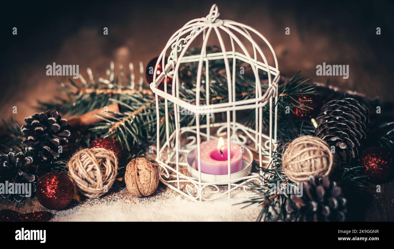 Christmas card.vintage Christmas candle on festive background .photo ...