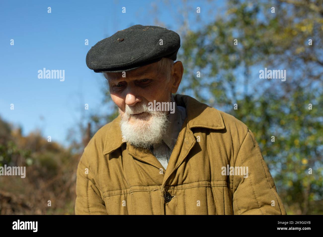 Old man with gray beard and cap. Man of 92 years. Old man in garden ...
