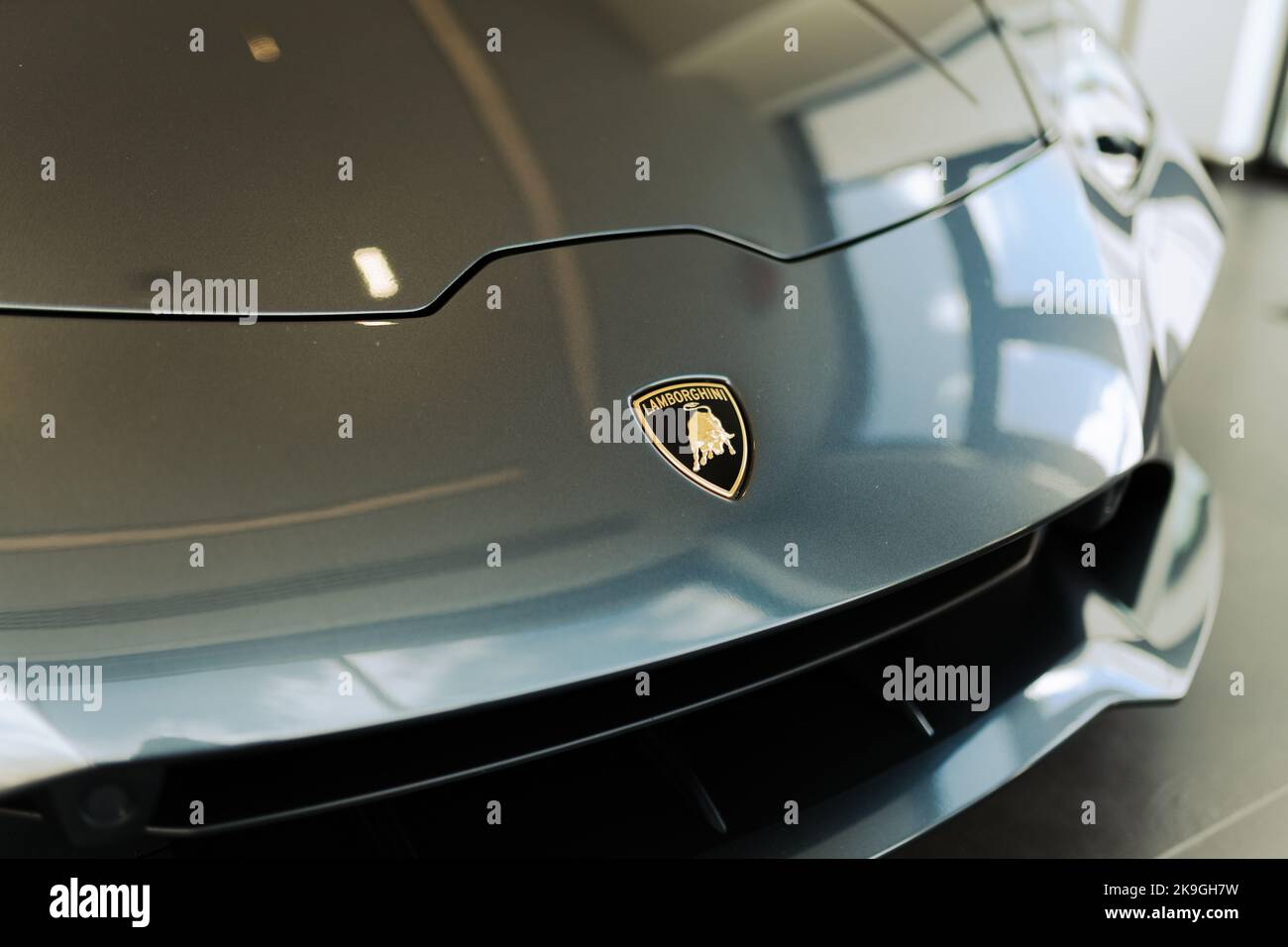 A closeup of the frontal logo of a Lamborghini Stock Photo - Alamy