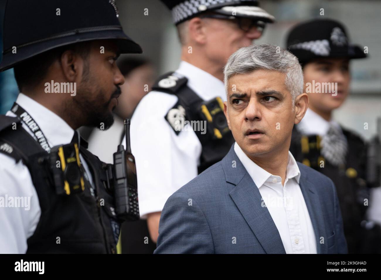 Mayor of London, Sadiq Khan (right) during a visit to Stratford, east ...