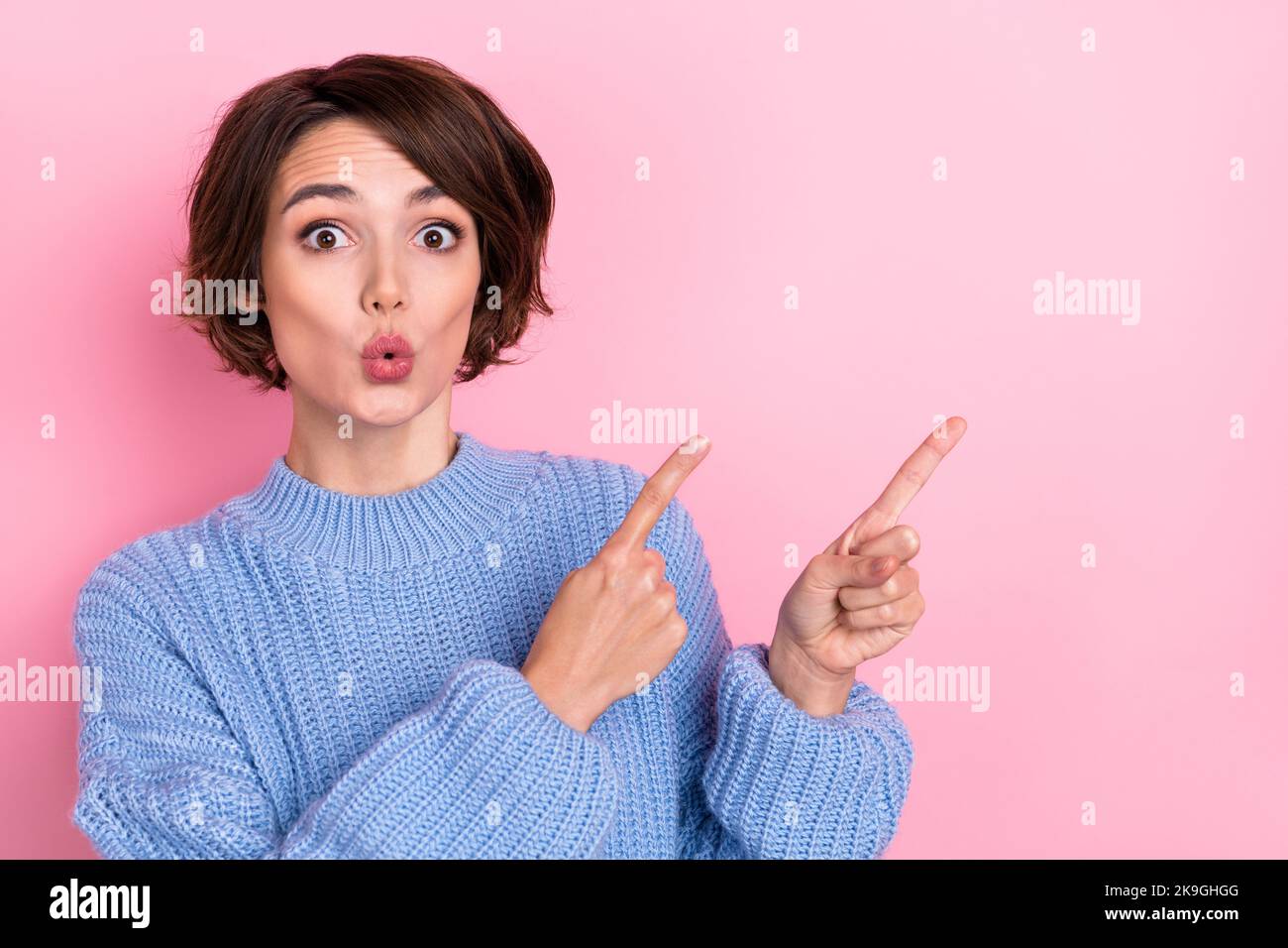 Photo of young impressed lady point fingers empty space advert shopping ...