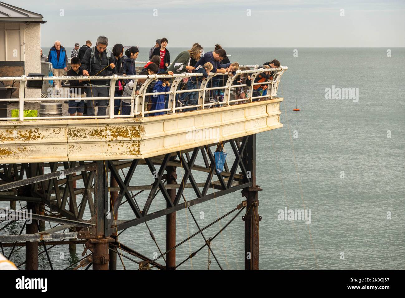Parents and young children on Cromer Pier fishing for Crabs with nets ...