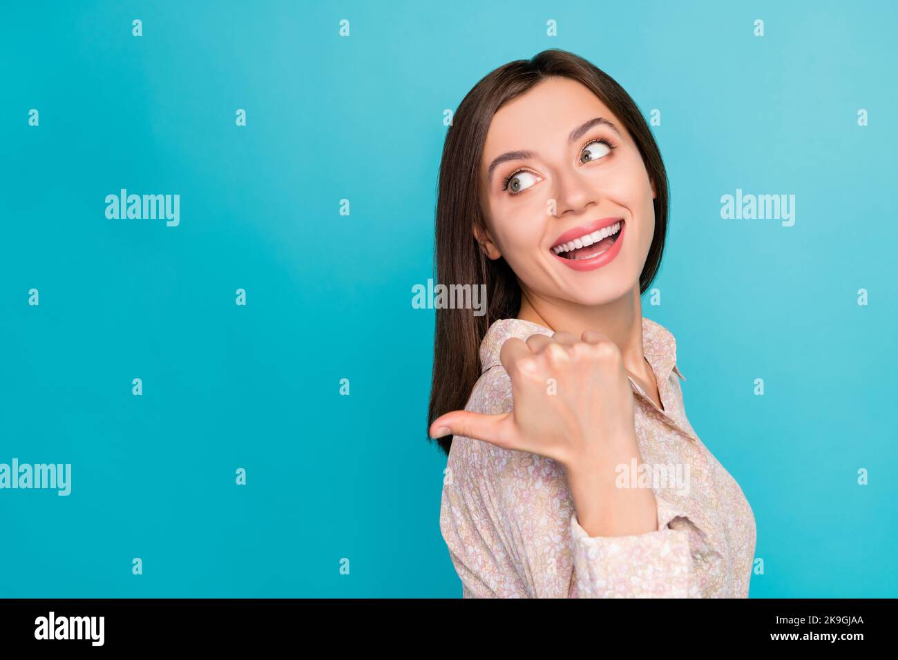 Close up photo of pretty young girl point look curious empty space wear ...