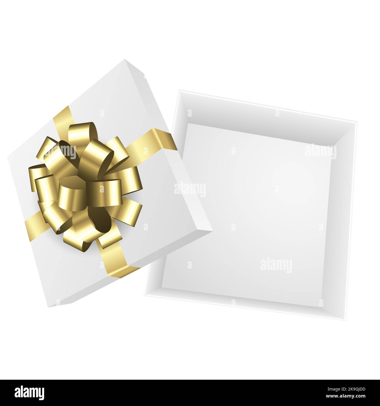 White open gift box with a gold bow - Christmas and birthday present ...