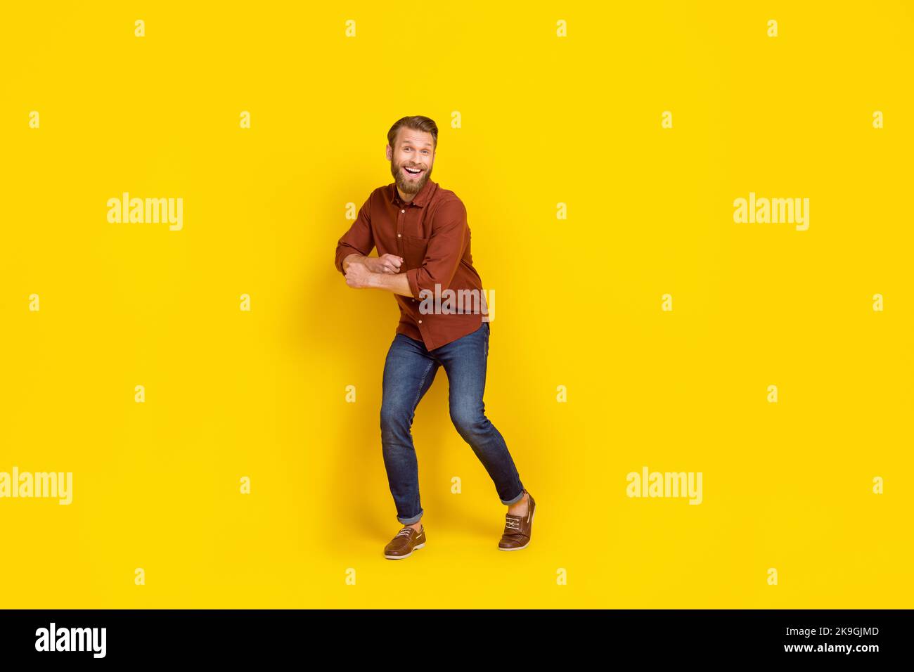 Full length photo of satisfied glad young person enjoy dancing partying ...