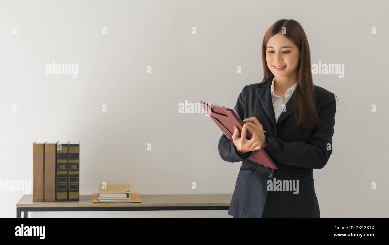 Legal and justice concept, Female lawyer reading contract about ...