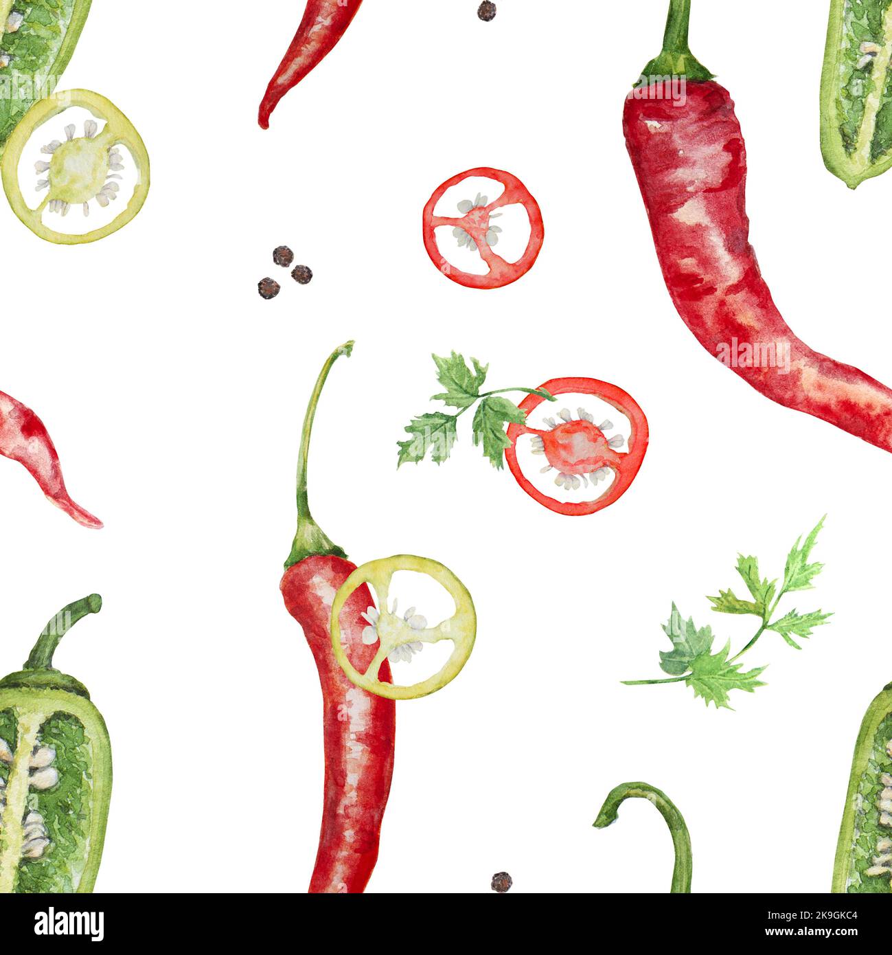 Watercolor hand drawn pattern of pepper and green parsley leaves on a ...