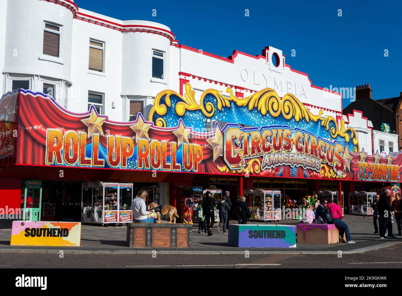 Newly installed facade on amusement arcade on the seafront of Southend ...