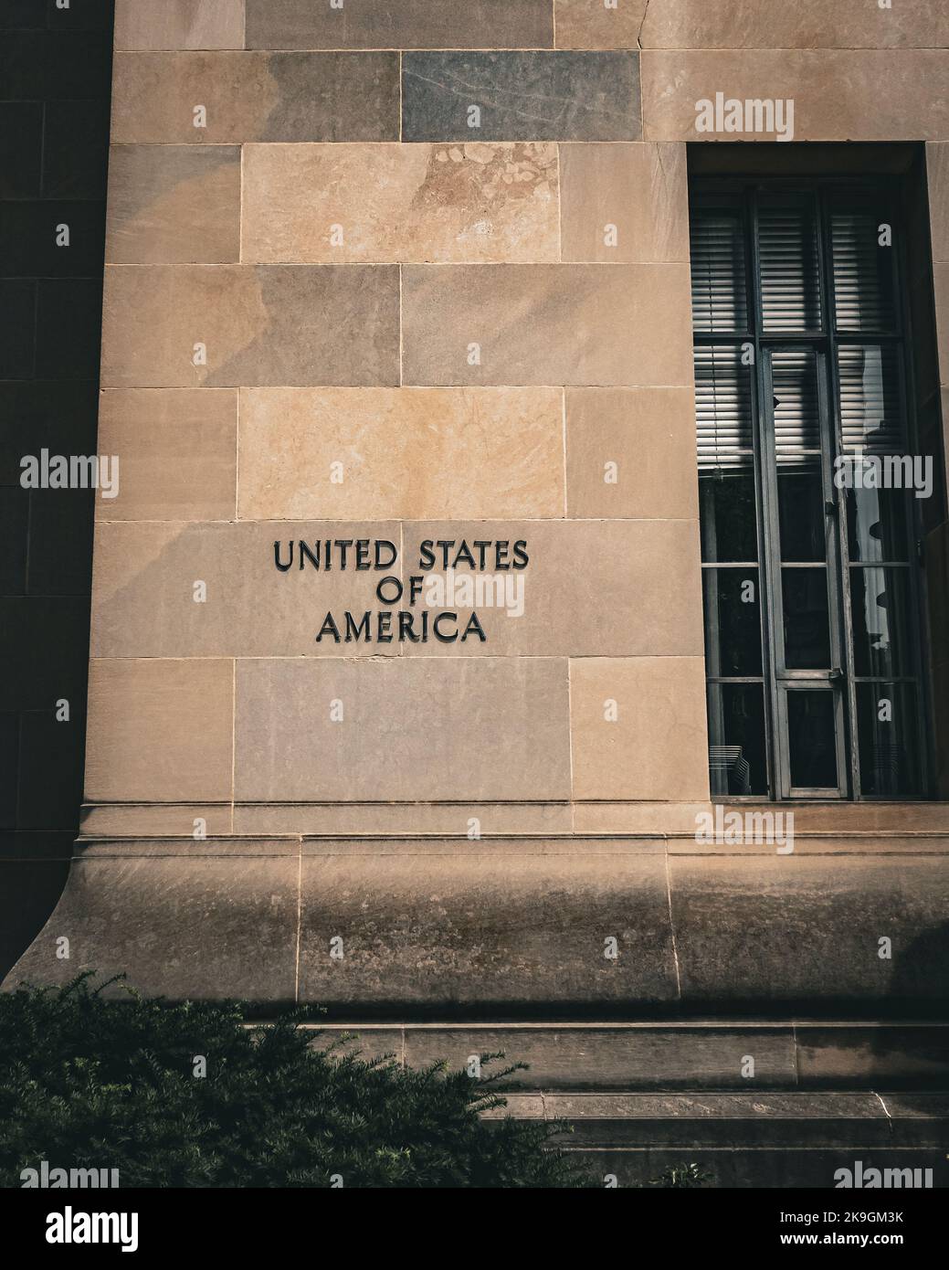 A vertical shot of the ray walls of the U.S. Department of Justice ...