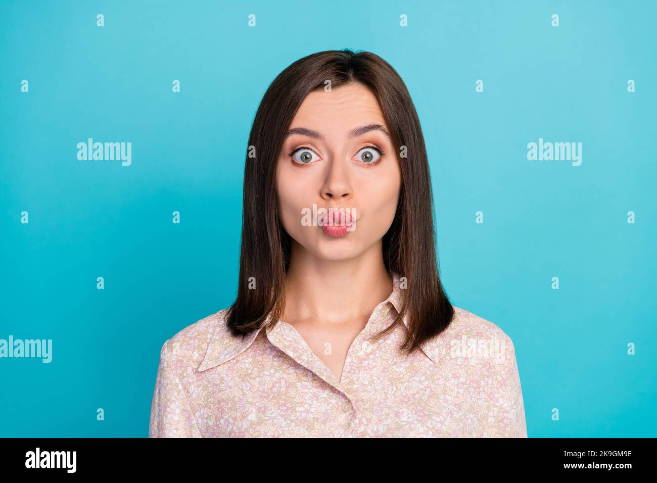 Close up photo of cute young woman send air kiss pouted lips dressed ...