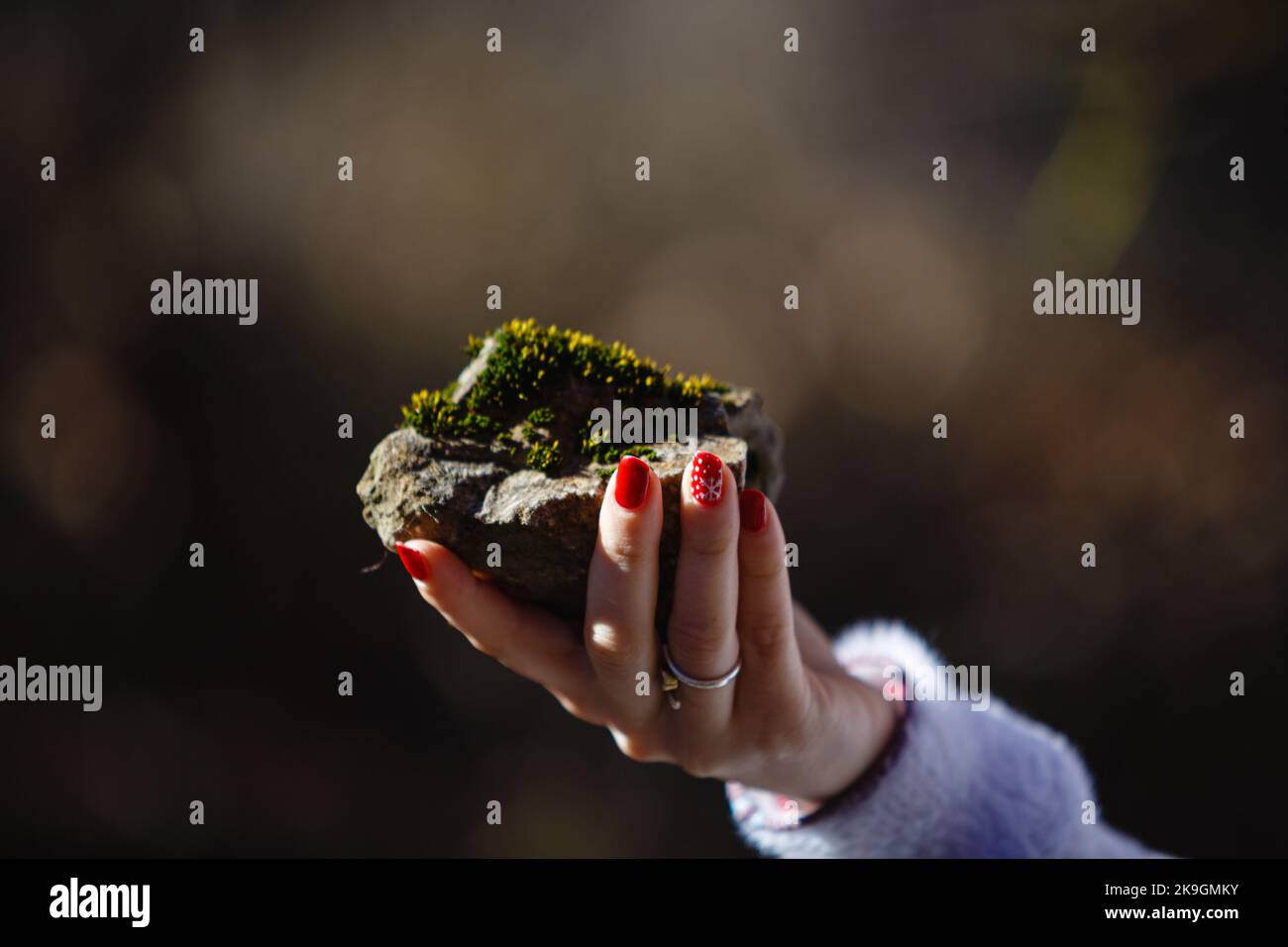 A closeup shot of red nailed woman's hand holding a mouldy stone Stock ...