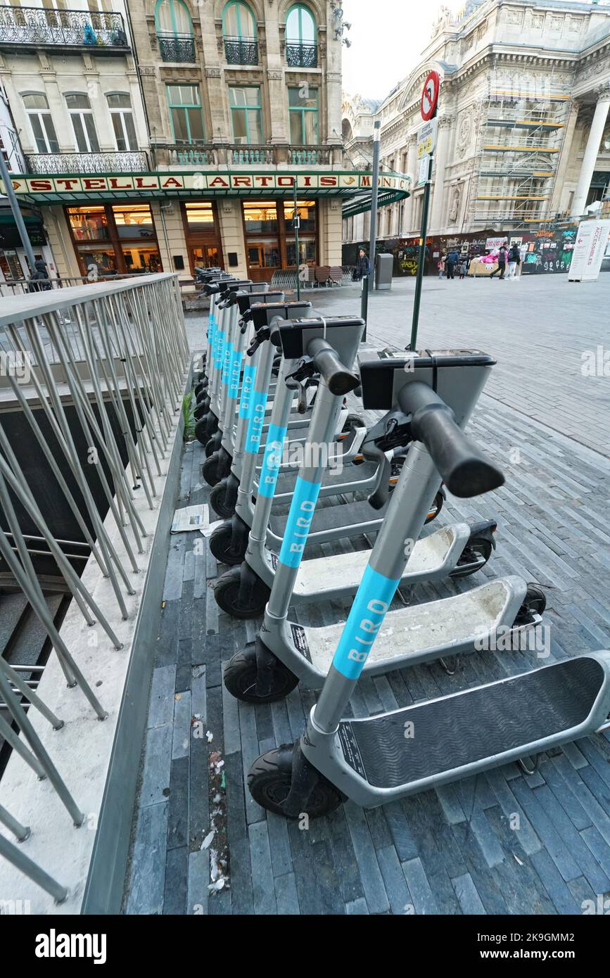 A row of electric scooters parked outdoors Stock Photo - Alamy