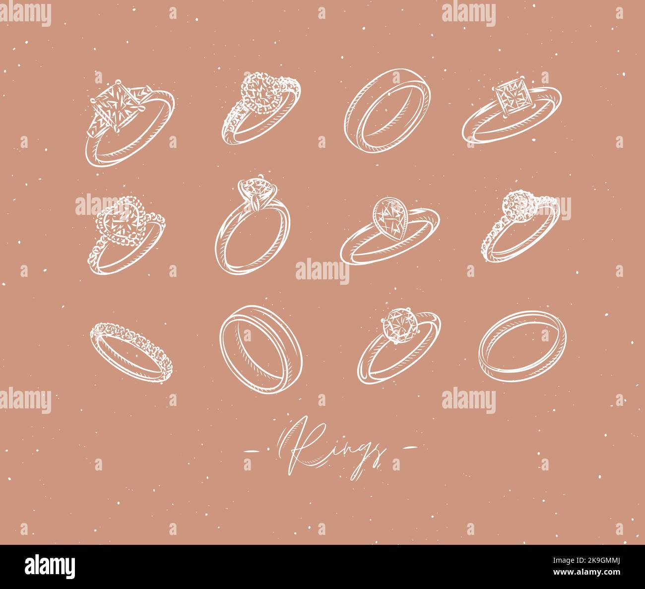 Wedding and engagement ring drawing in vintage graphic style on beige ...