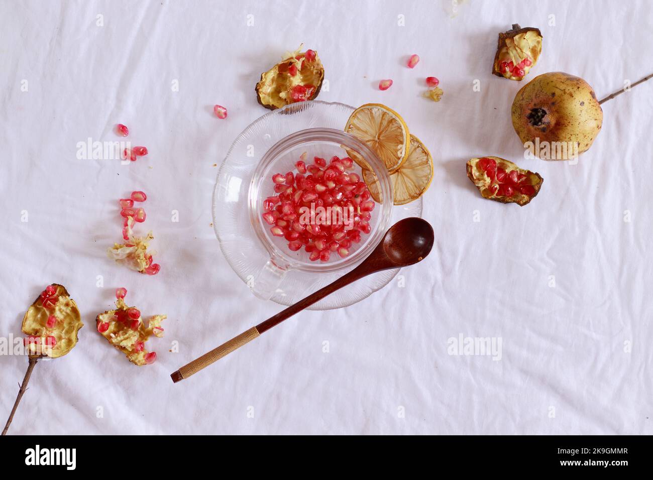 Top view of deseeded pomegranate fruit in order to make natural and ... Top view of deseeded pomegranate fruit in order to make natural and ...