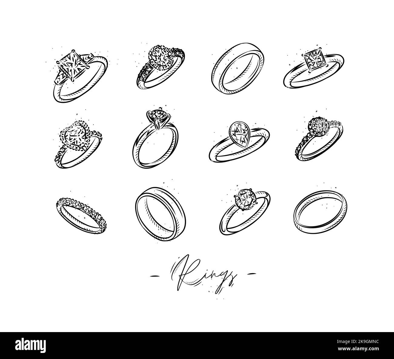 Set of jewelry, engagement and wedding ring drawing in graphic vintage ...