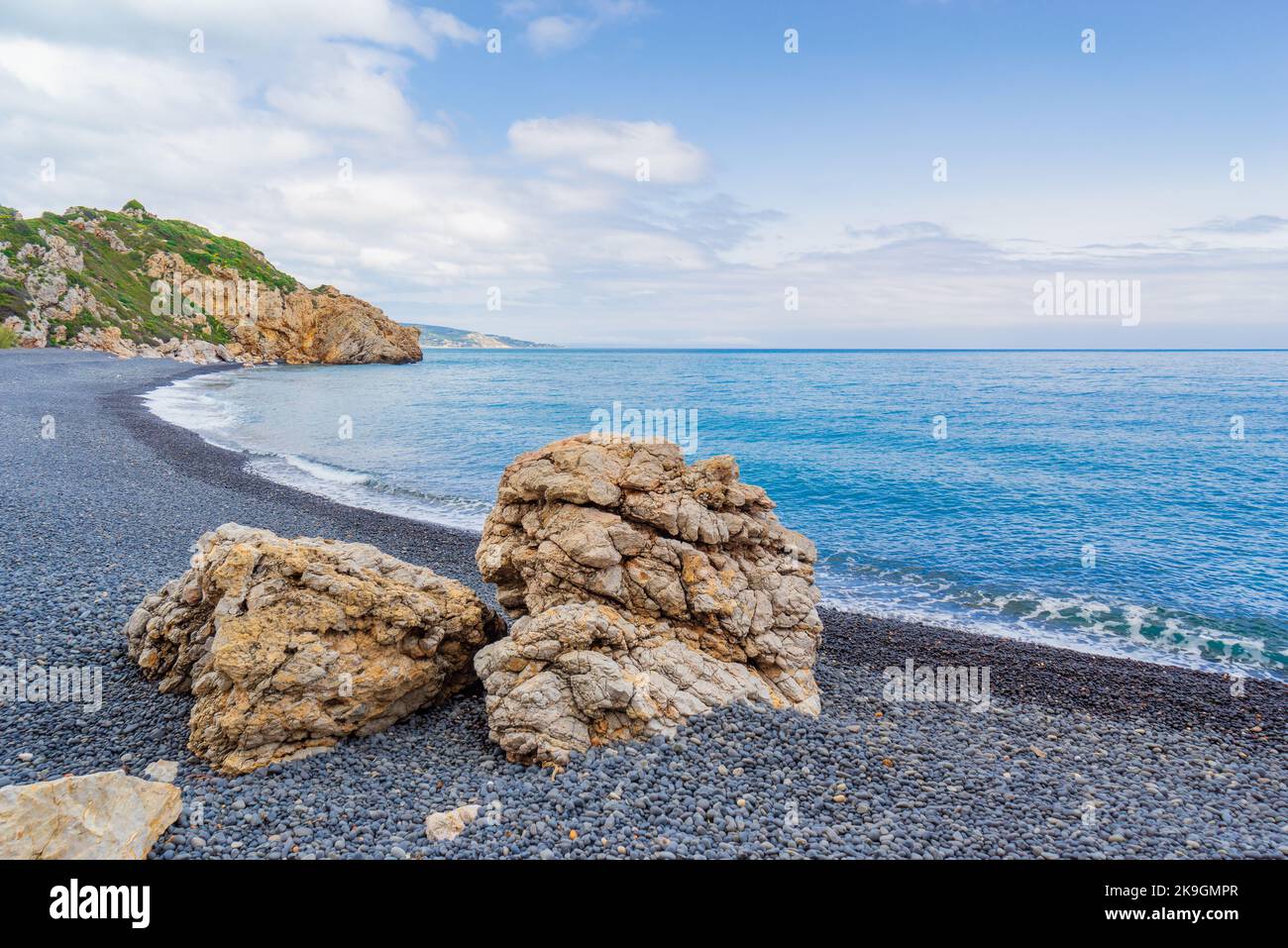The famous beach of Mavra Volia on the Greek island of Chios in Greece ...