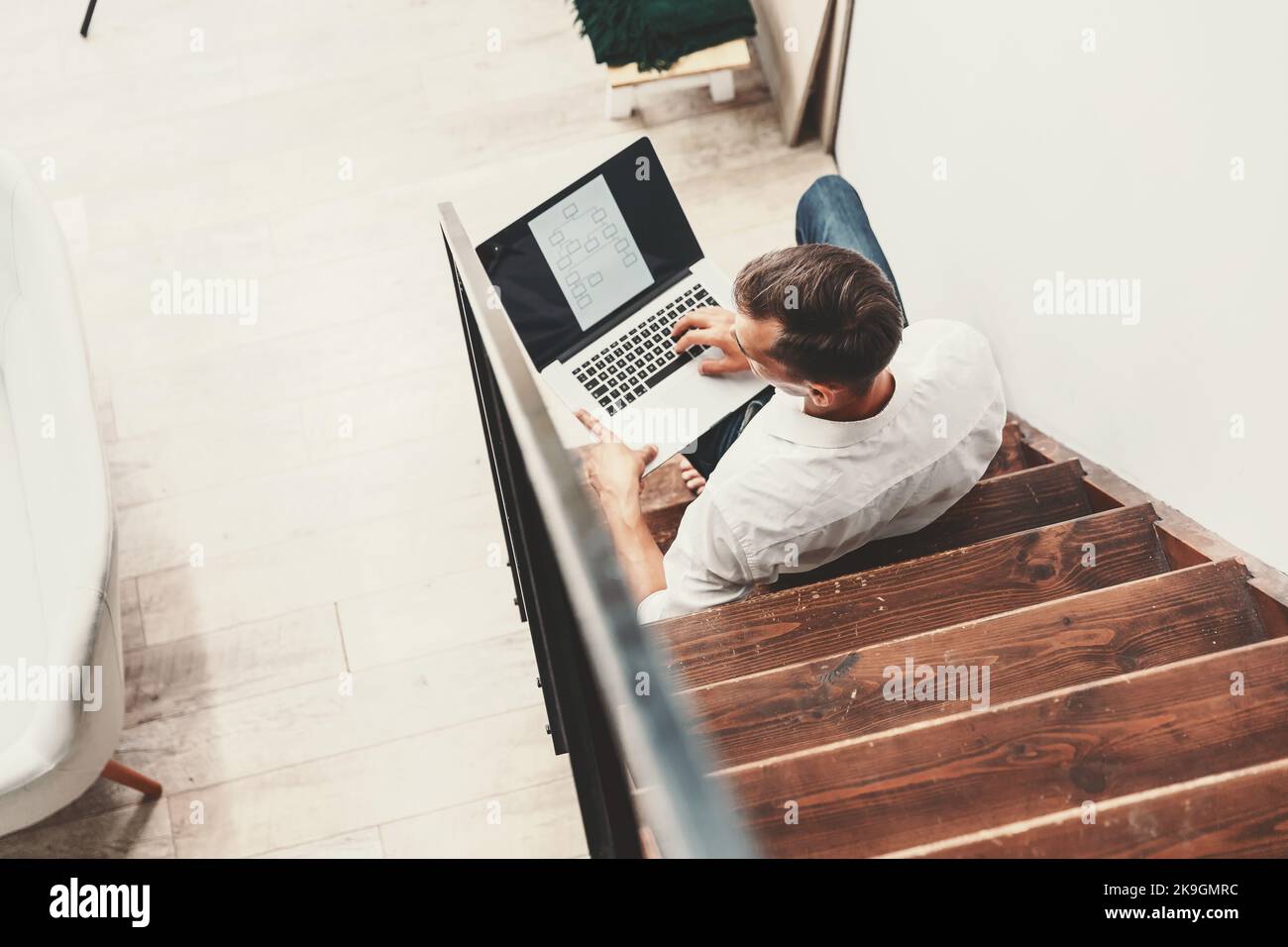 top view. young designer works in a home Studio. domestic life Stock ...