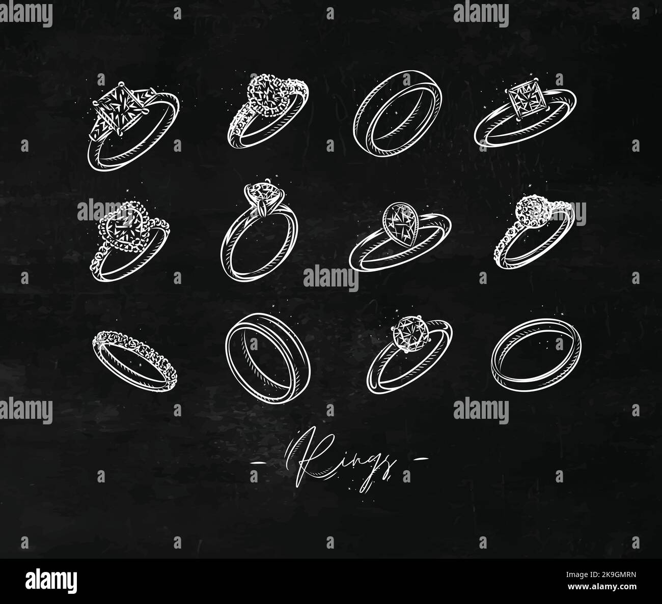 Set of jewelry, engagement and wedding ring drawing in graphic vintage ...