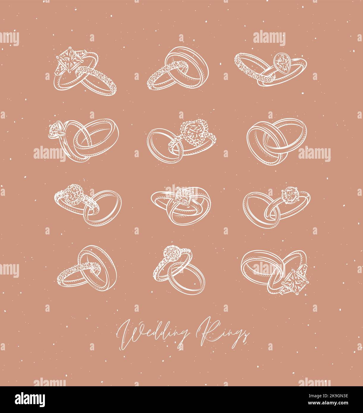 Wedding and engagement ring drawing in vintage graphic style on beige ...