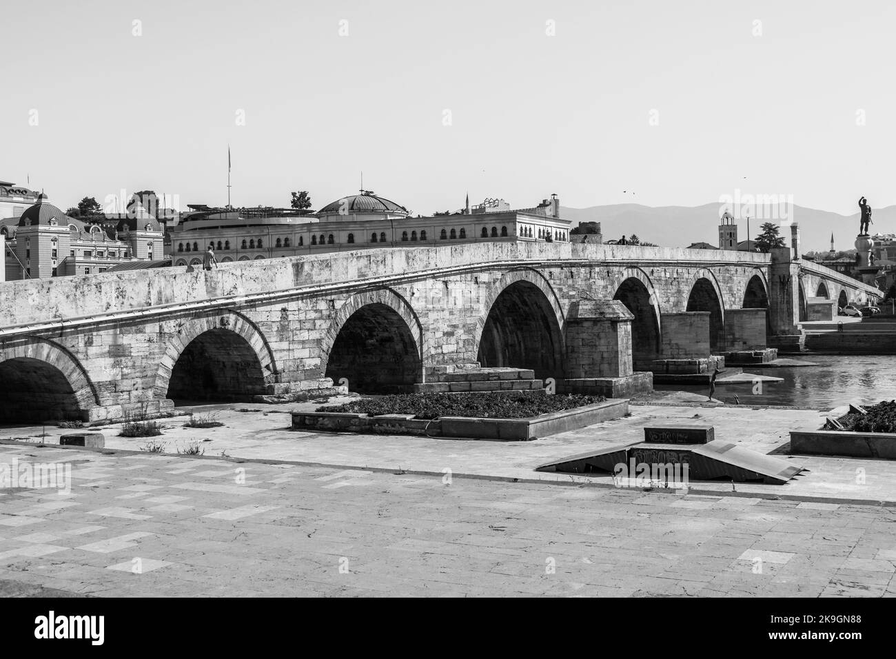 The Stone Bridge crossing the Vardar River in the city of Skopje, North ...