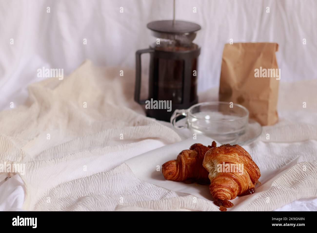 Croissants and coffee brewed in a french press coffee maker for a ...